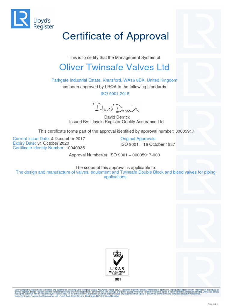 ISO 9001 2015 Oliver Twinsafe Valves Cert 31 10 2020 | PDF | Iso 9000 ...