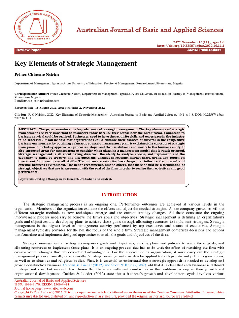 Key Elements of Strategic Management: Australian Journal of Basic and Applied Sciences ...