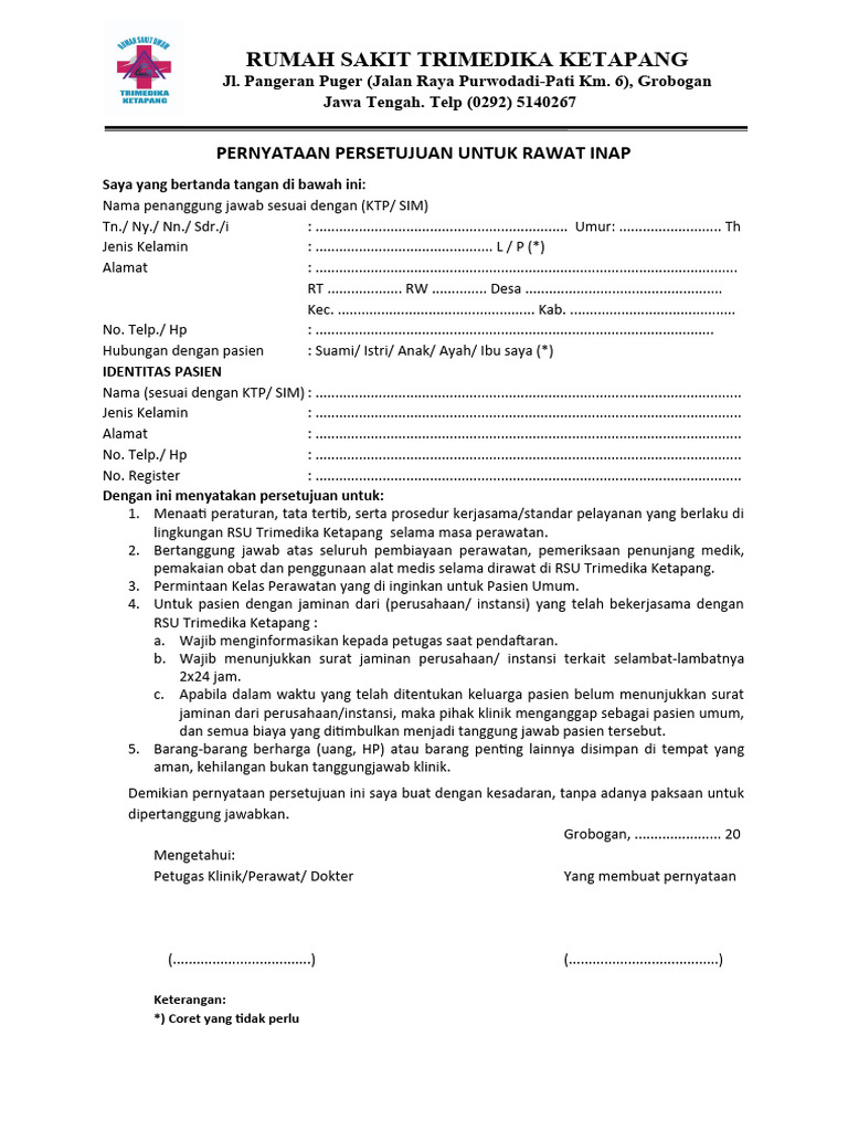 Form Pernyataan Persetujuan Untuk Rawat Inap | PDF