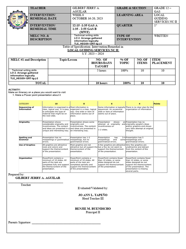 Lgs Week 8 q1 Remedial Intervention | PDF | Human Communication | Learning