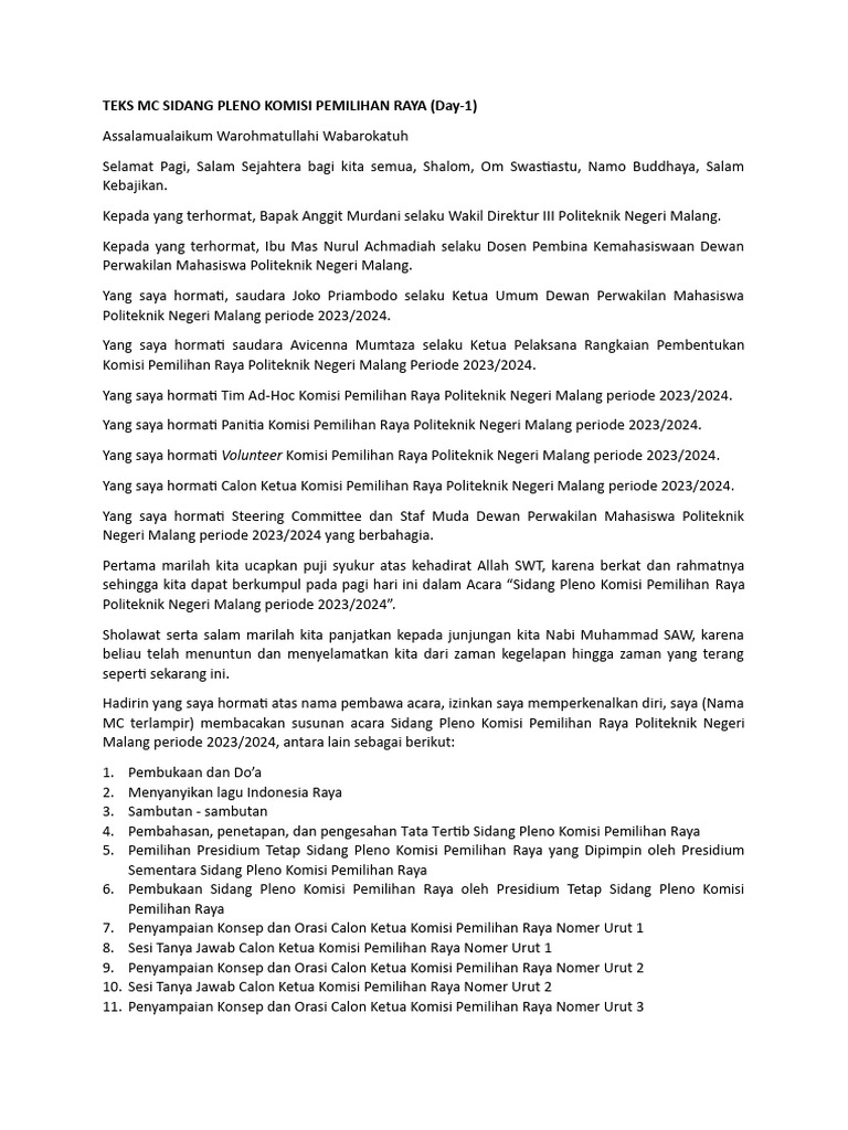 Teks MC Sidang Pleno Pemira | PDF