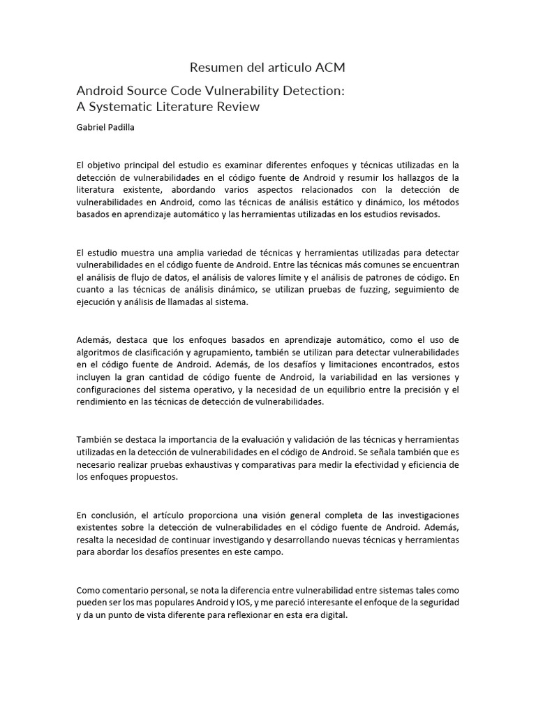 Resumen Del Articulo ACM Android Source Code Vulnerability Detection Gabriel Padilla | PDF