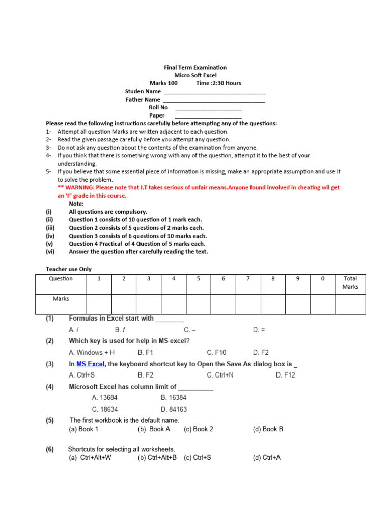 Final Term Examination | PDF | Microsoft Excel | Worksheet