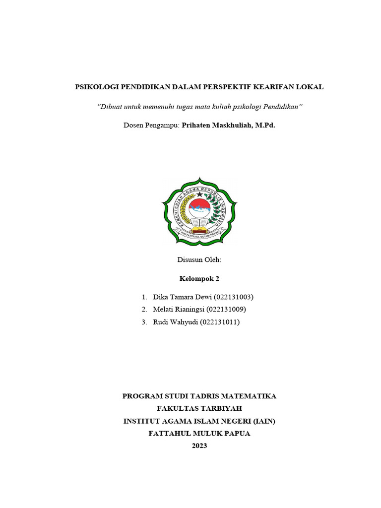 Psikologi Pendidikan Dalam Perspektif Kearifan Lokal | PDF