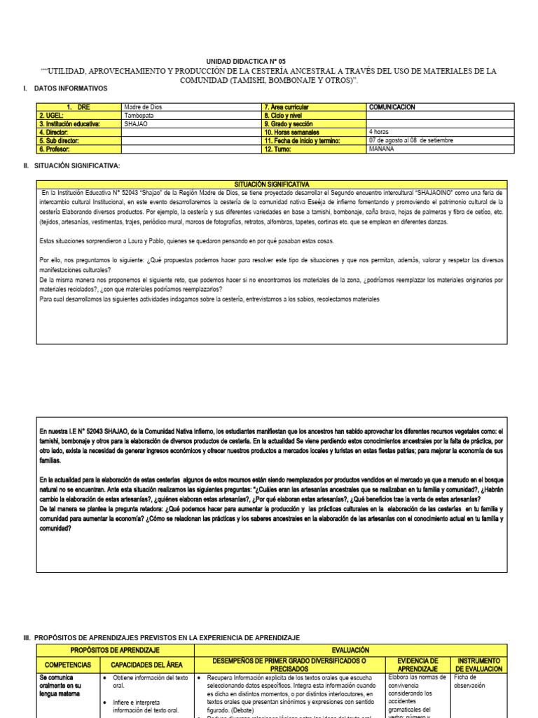 Unidad de Aprendizaje I.E. Shajao Julio Agosto | PDF | Aprendizaje ...