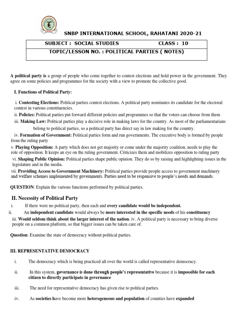 CLASS10-SST-CIVICS-political Parties - Notes | PDF | Elections ...