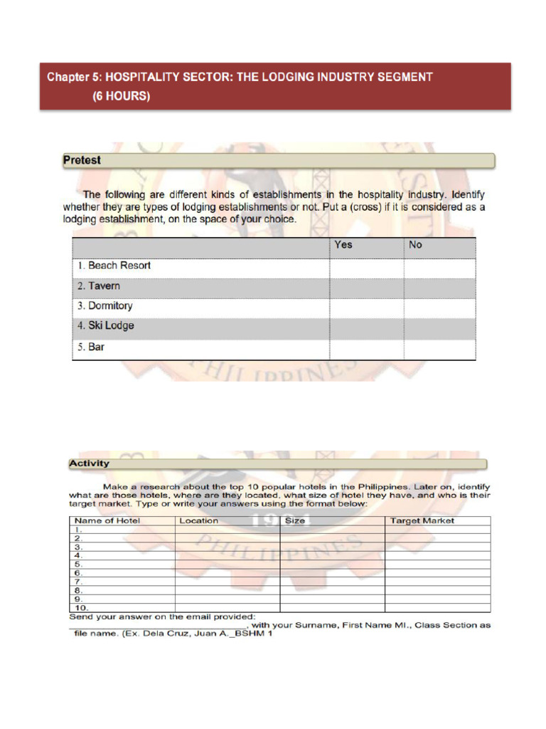 Lesson 5 Lodging Industry Activity | PDF