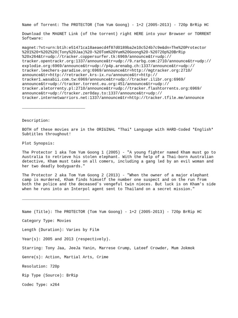 The PROTECTOR 1 and 2 (Tom Yum Goong) - Tony Jaa - 720p BrRip HC | PDF