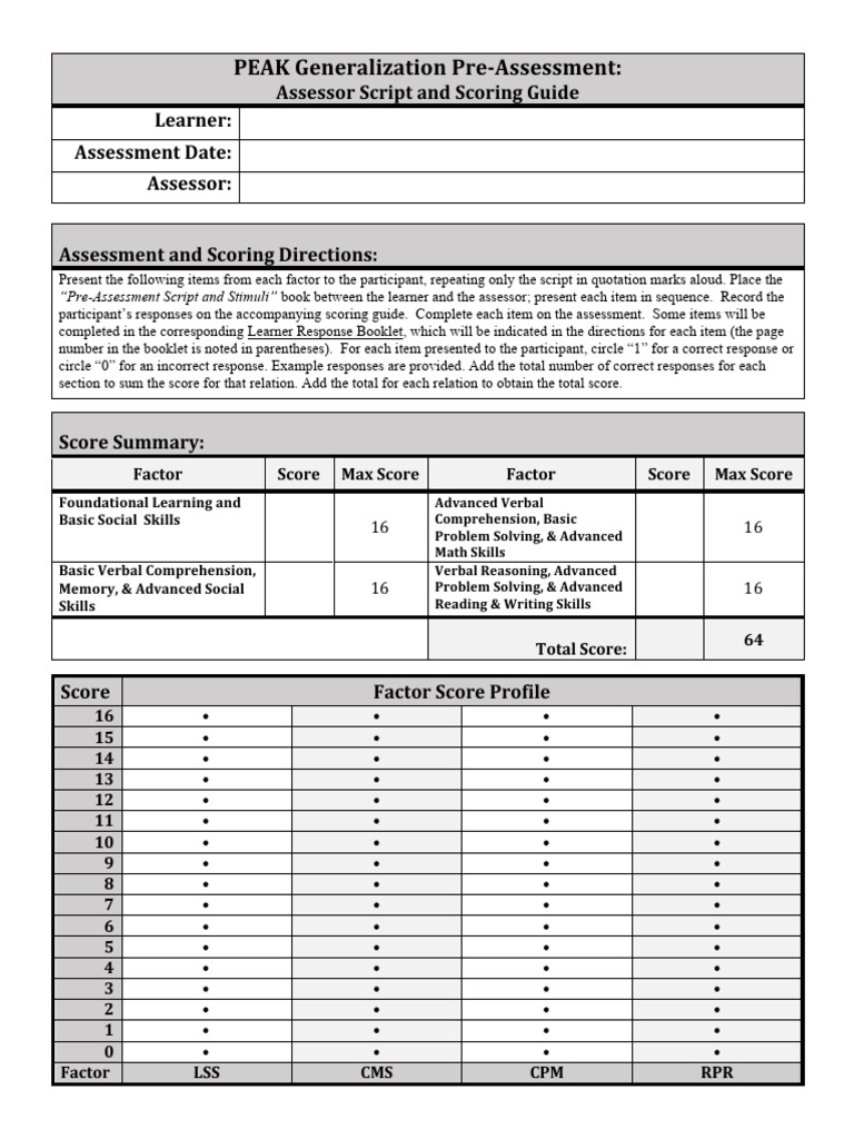 PEAK Generalization Pre-Assessment Guide | PDF | Learning