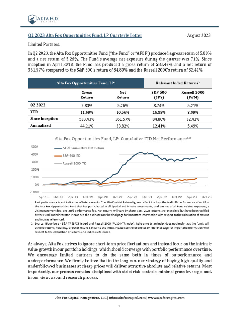 Q2 2023 Alta Fox Opportunities Fund Update | PDF | Stock Market Index | Investing