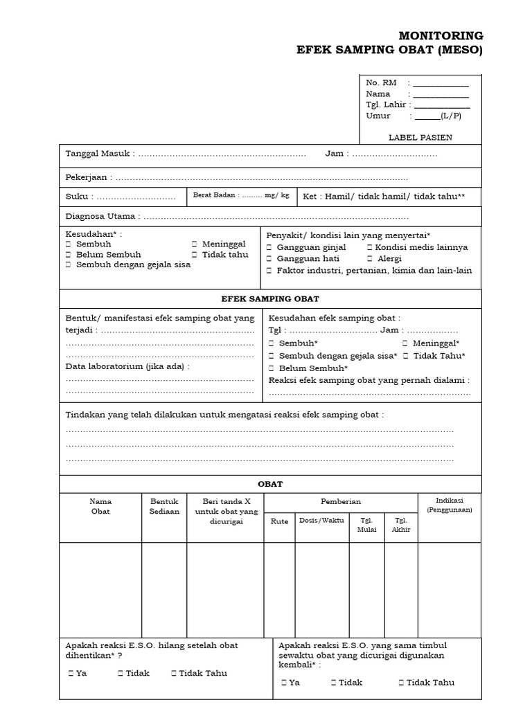 Formulir Monitoring Efek Samping Obat (Meso) | PDF