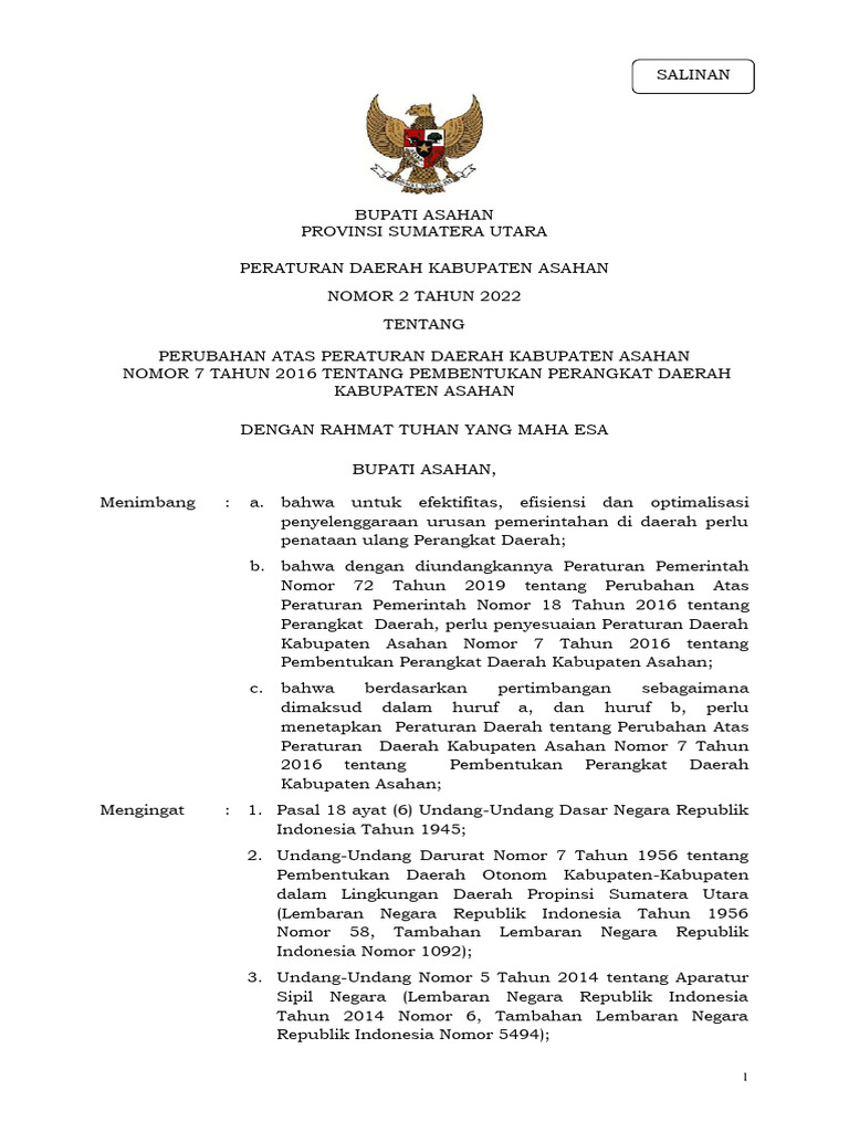 Perda 2 Tahun 2022 (Perubahan Atas Perda 7 Tahun 2016 TTG Pembentukan ...
