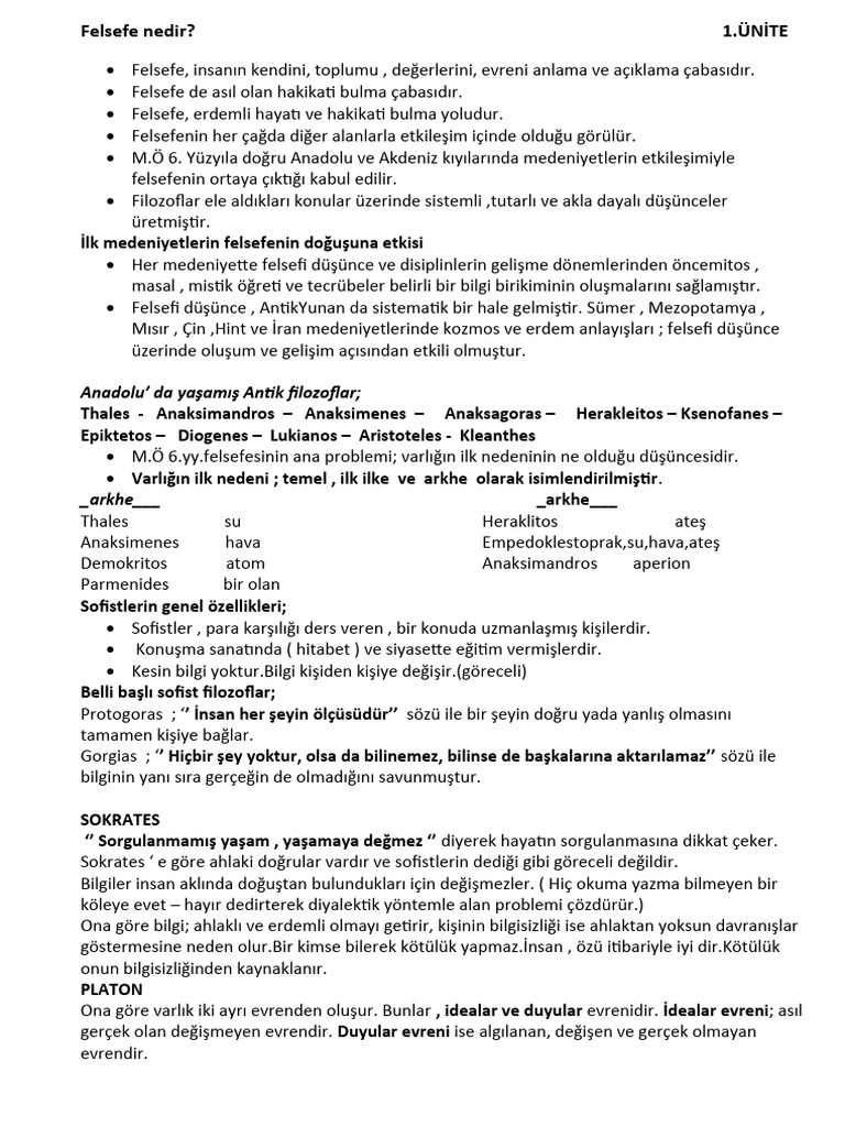 11.sinif Felsefe 1.üni̇te Ders Notlari | PDF