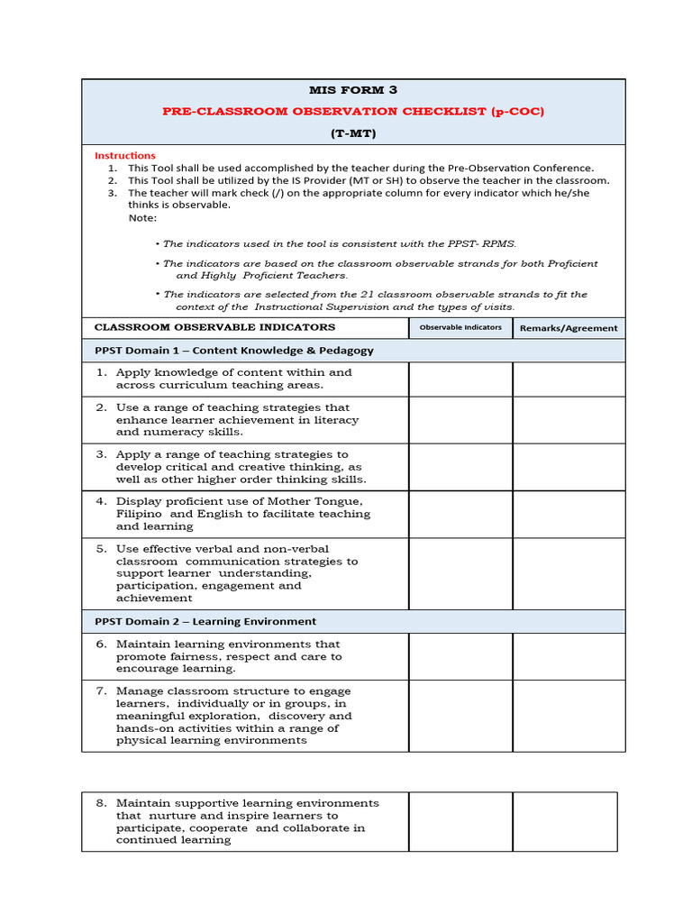 MIS FORM 3 Pre Classroom Observation Checklist | PDF