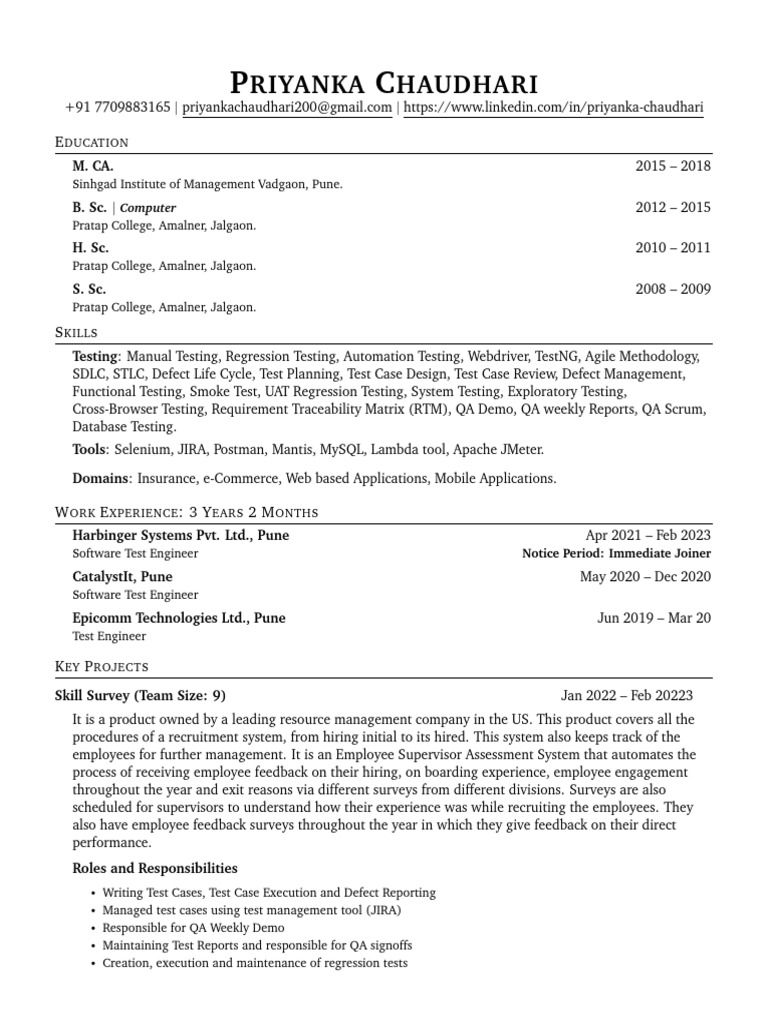 Priyanka Chaudhari: QA Test Engineer Resume | PDF | Software Testing ...