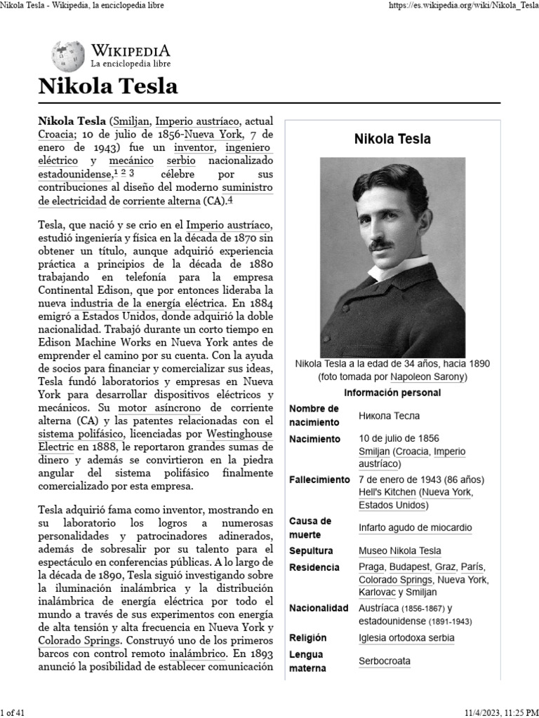 Nikola Tesla - Wikipedia, La Enciclopedia Libre | PDF | Nikola Tesla ...