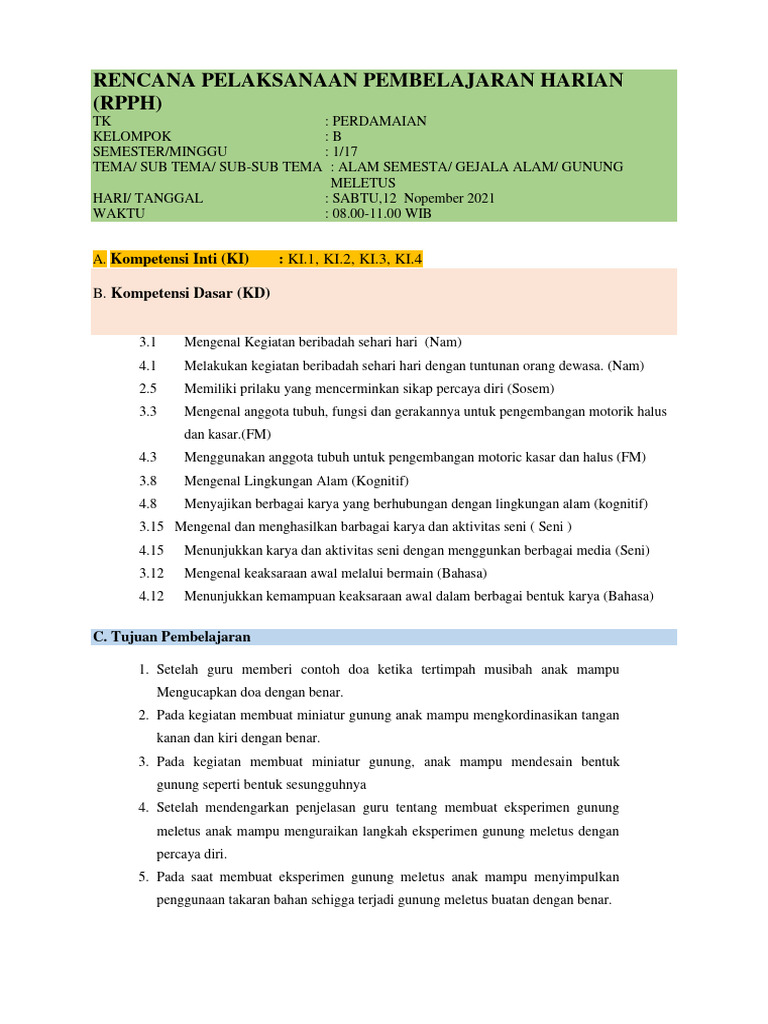 RPPH Tema Gunung Meletus TK | PDF