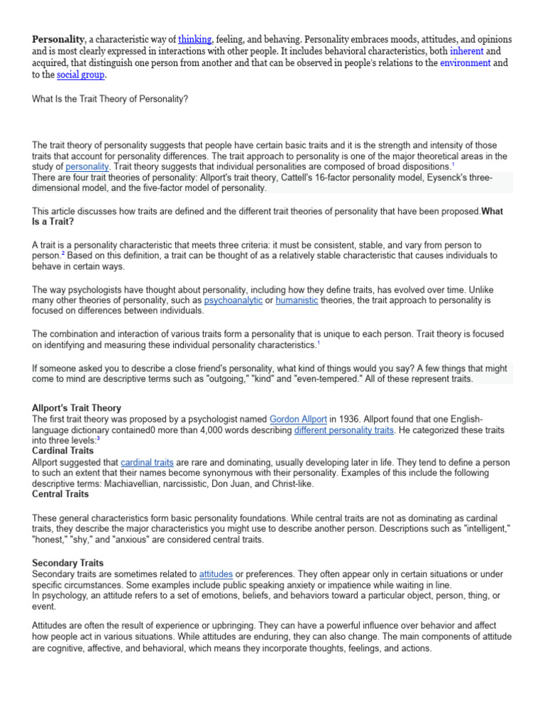 Trait Theory of Personality | PDF