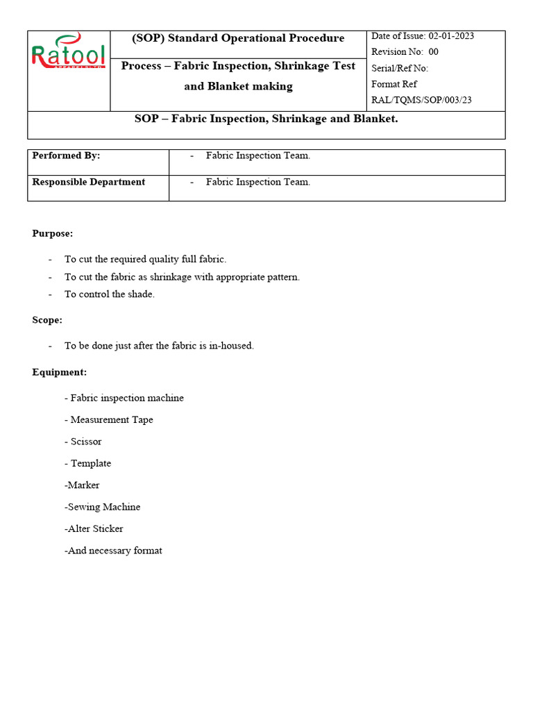 SOP 003 - Fabric Inspection Procedure New | PDF | Rayon | Textiles