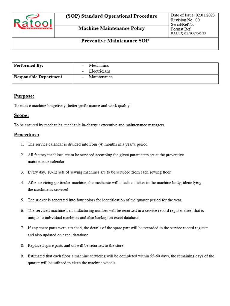 Machine Maintenance SOP Guide | PDF