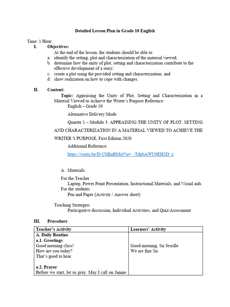 Detailed Lesson Plan in Grade 10 English | PDF | Plot (Narrative) | Lesson Plan