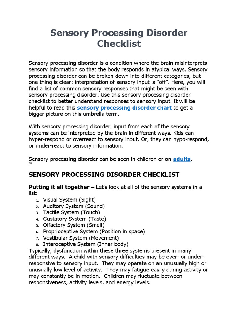 Sensory Processing Disorder Checklist | PDF