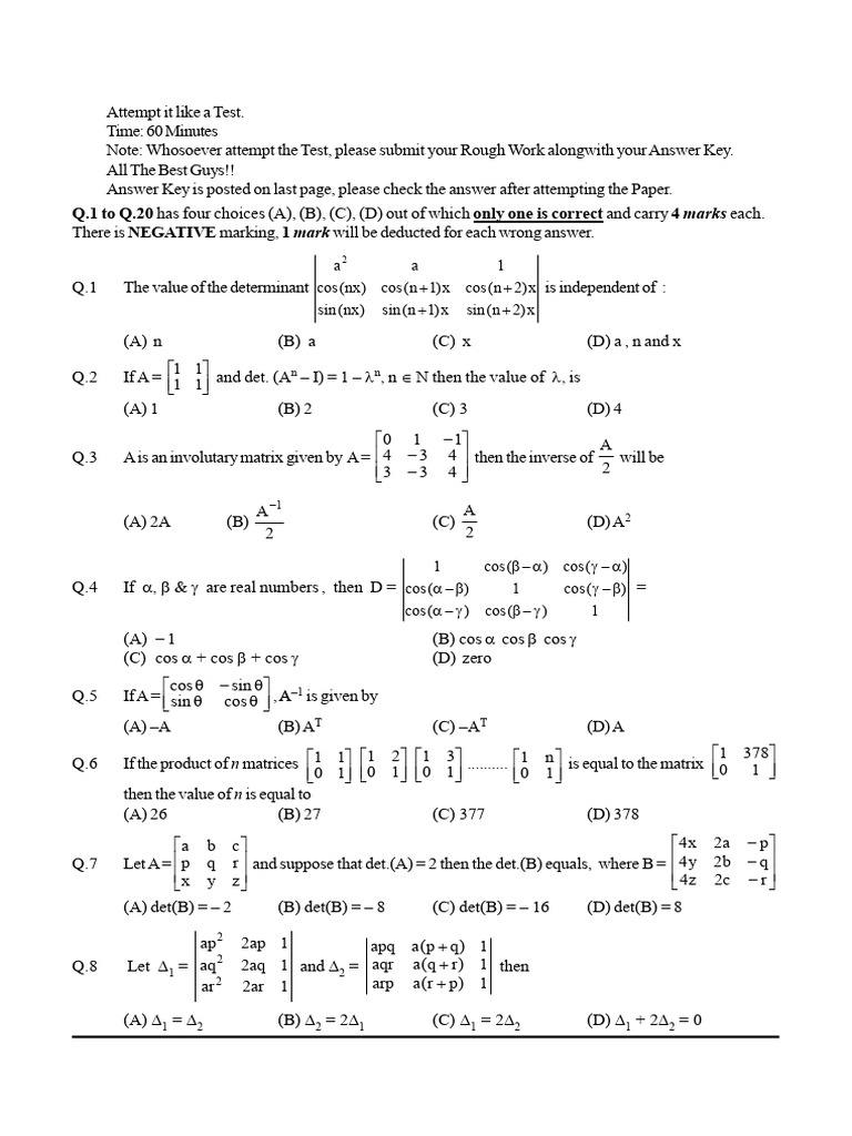 Determinant And Matrices 01 Pt Pdf 
