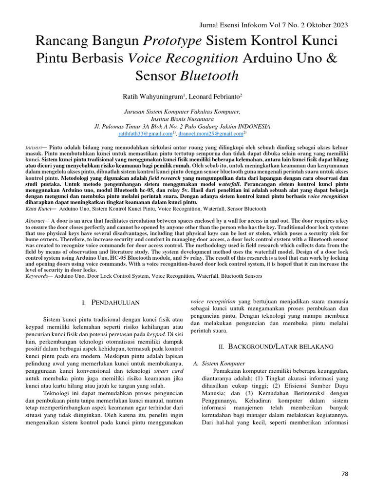 Rancang Bangun Prototype Sistem Kontrol Kunci Pintu Berbasis Voice Recognition Arduino Uno ...