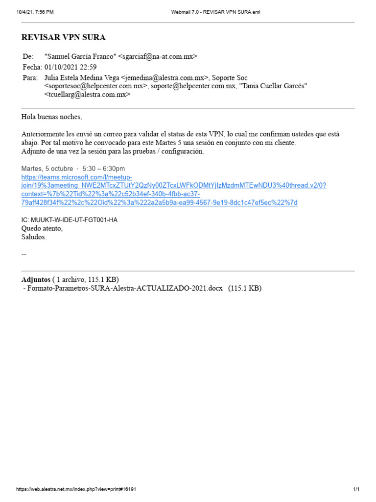 Webmail 7.0 - Revisar VPN Sura - Eml | PDF