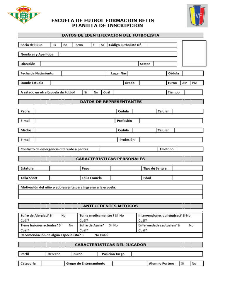 Planilla de Inscripción Escuela de Fútbol | PDF | Asociación de Futbol
