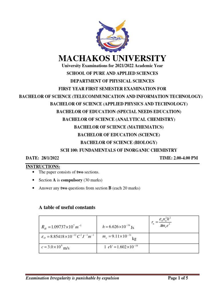 SCH 100 Fundamentals of Inorganic Chemistry | PDF | Electron ...