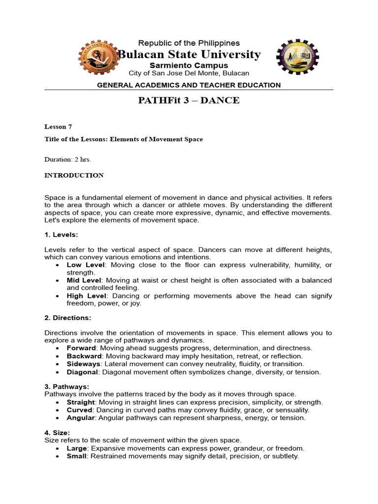 PATHFit 3 Lesson 7 Elements of Movement Space | PDF | Dances | Emotions