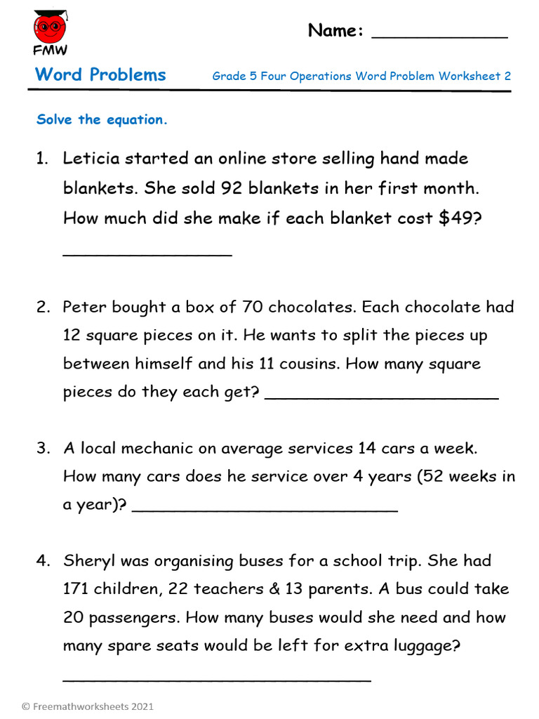 Grade 5 Four Operations Worksheet 2 | PDF