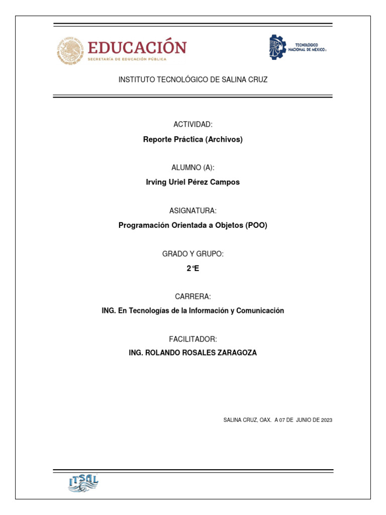 Reporte de Practica Programación Orientada A Objetos (Archivos) | PDF | Archivo de computadora ...