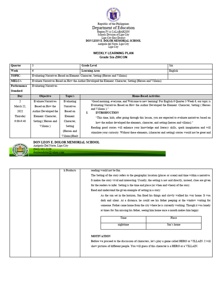 Cot 1 English 6 - Lesson Plan | PDF | Hero
