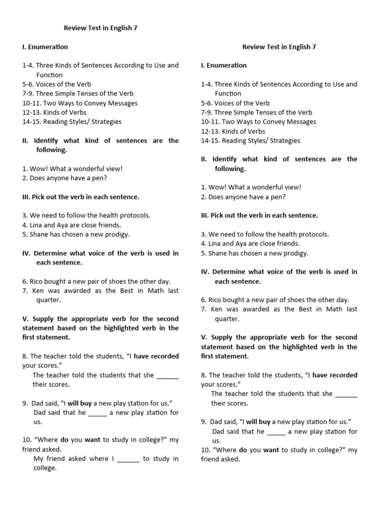 Review Test In English 7 PDF Verb Semantic Units
