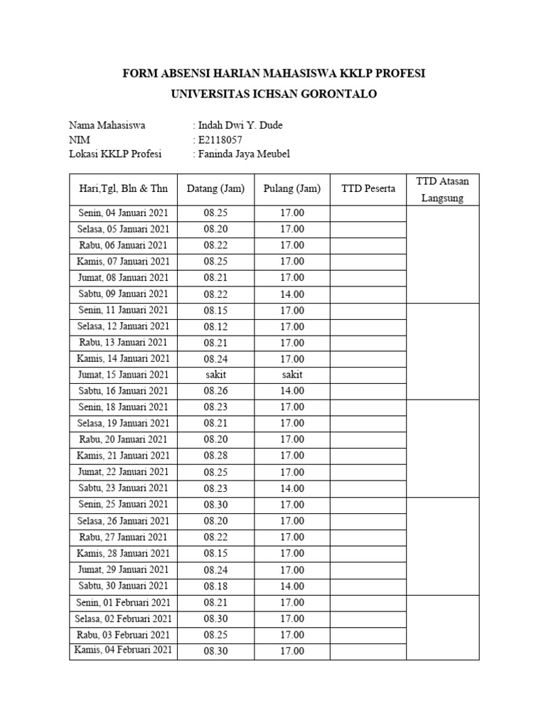 Form Absensi Harian Mahasiswa KKLP Profesi | PDF