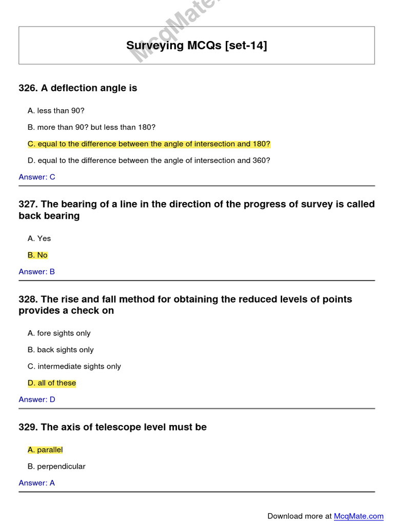 Surveying Solved MCQs (Set-14) | PDF | Surveying | Angle Surveying Solved MCQs (Set-14) | PDF | Surveying | Angle