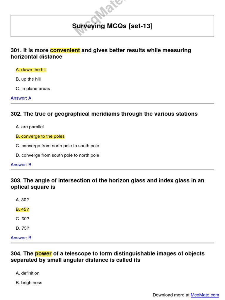 Surveying MCQs Set 13 for Practice | PDF | Surveying | Metrology