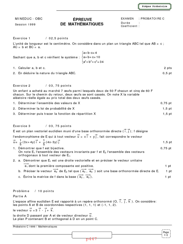 Probatoire C Maths 1999 2018 | PDF