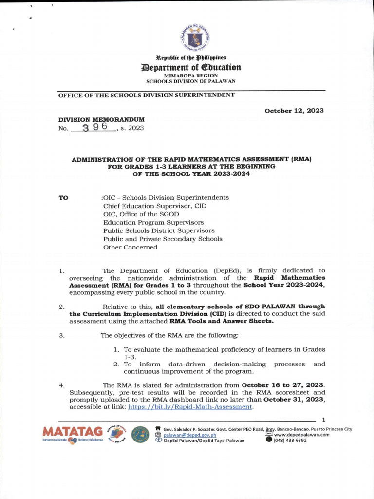 Division Memorandum No. 396 S. 2023 Administration of The Rapid Mathematics Assessment Rma For ...