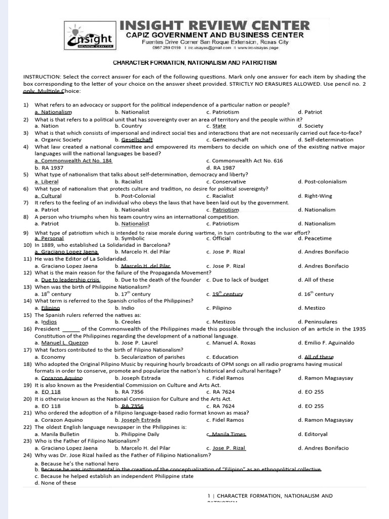 Nationalism and Patriotism Quiz Guide | PDF | Philippines