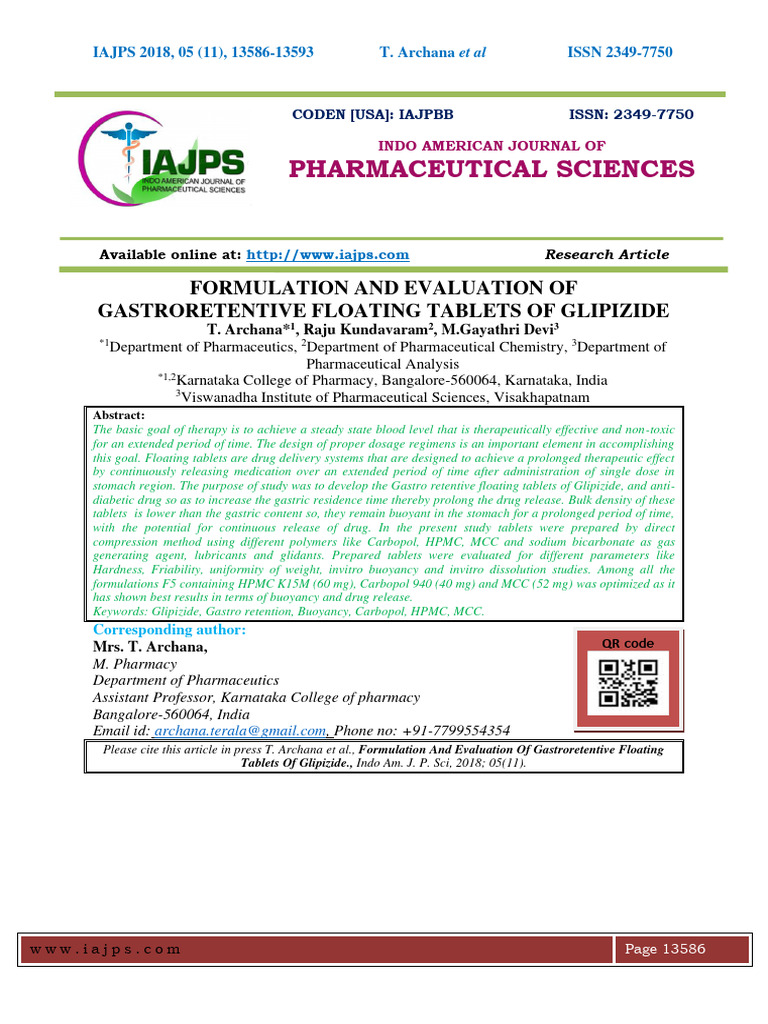 Formulation And Evaluation Of Gastroretentive Floating Tablets Of Glipizide 2018 Pdf Tablet