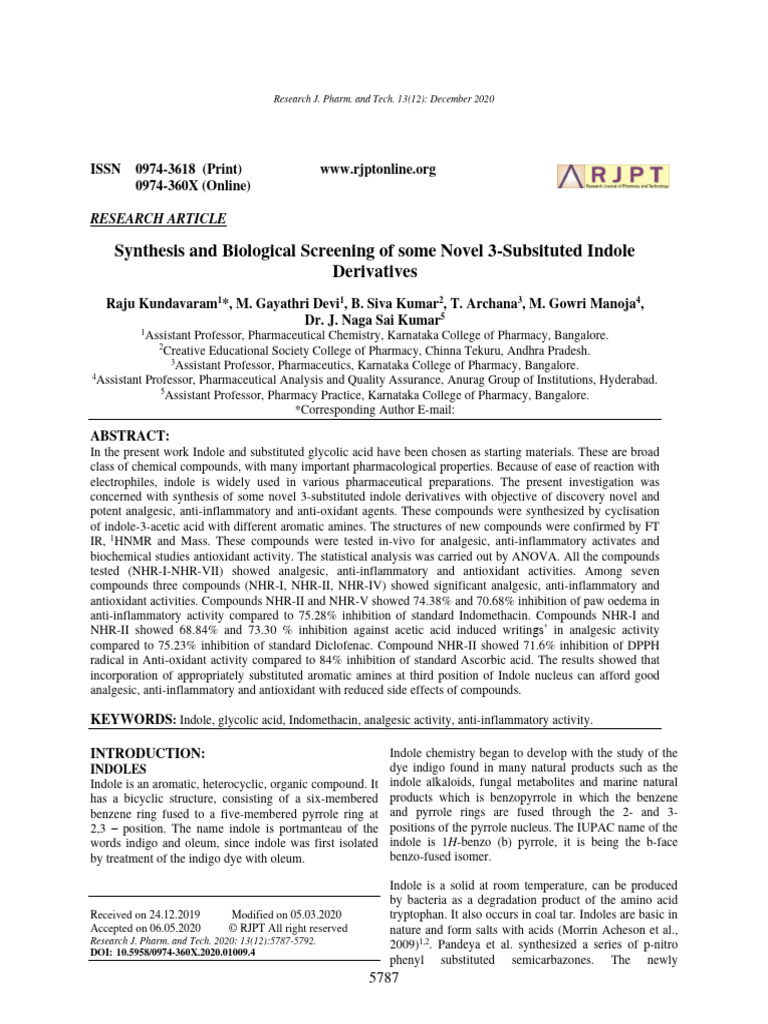 Synthesis and Biological Screening of Some Novel 3-Subsituted Indole | PDF | Proton Nuclear ...