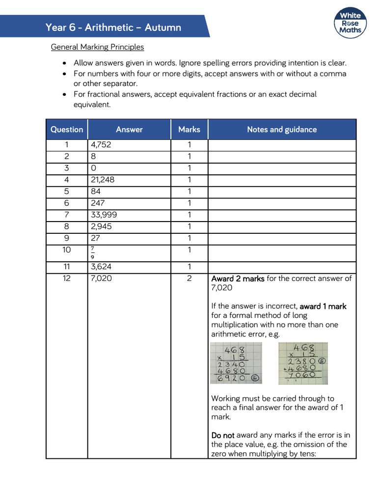 Year 6 Mathematics 2018 Autumn White Rose Arithmetic Paper 1 Marking ...