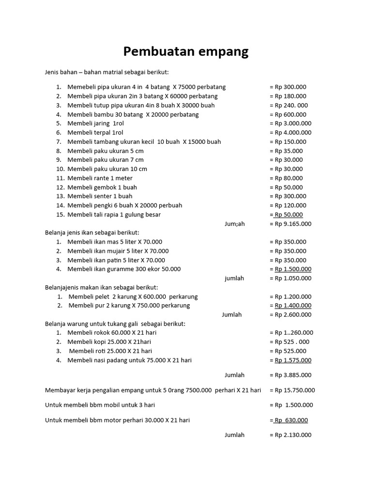 Biaya Pembuatan Empang 1 Hektar | PDF