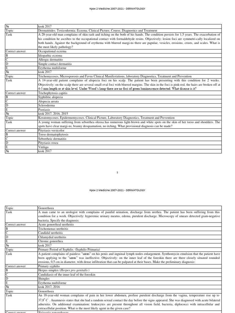Information MSQ Krok 2 Medicine 2007 2021 Dermatology | Download Free PDF | Dermatitis | Psoriasis