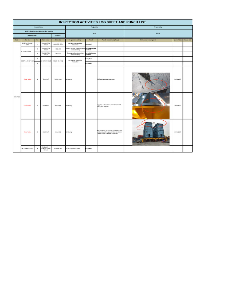 Inspection Activities and Punch Log Sheet | PDF