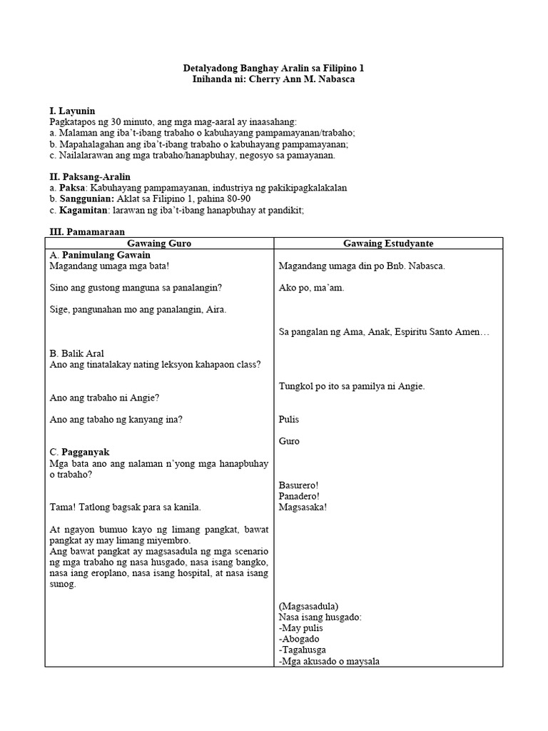 Detalyadong Banghay Aralin Sa Filipino 1 | PDF