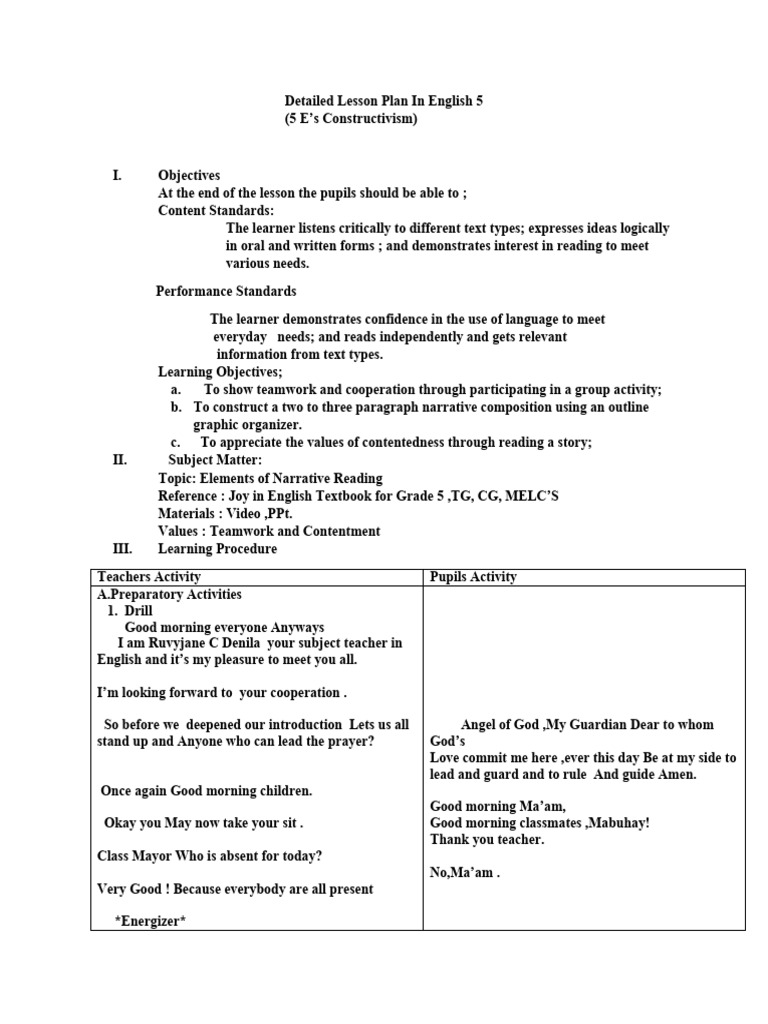 Grade 5 English Lesson Plan: Narrative Elements | PDF | Language Arts ...